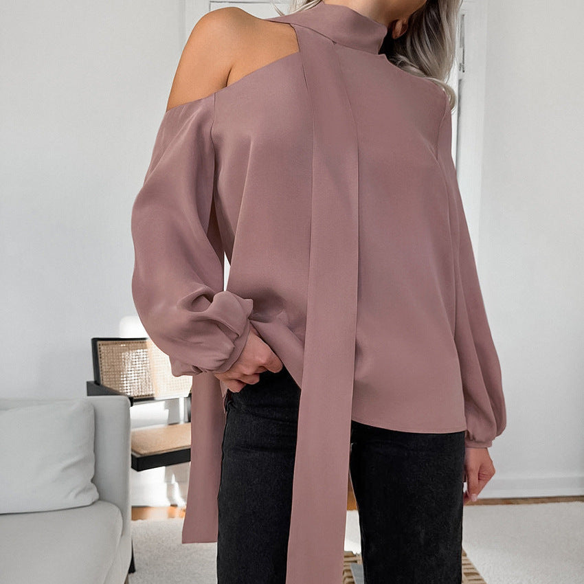 Women's Satin Asymmetrical Neckline Sexy Off-Shoulder Long Sleeve Shirt ...