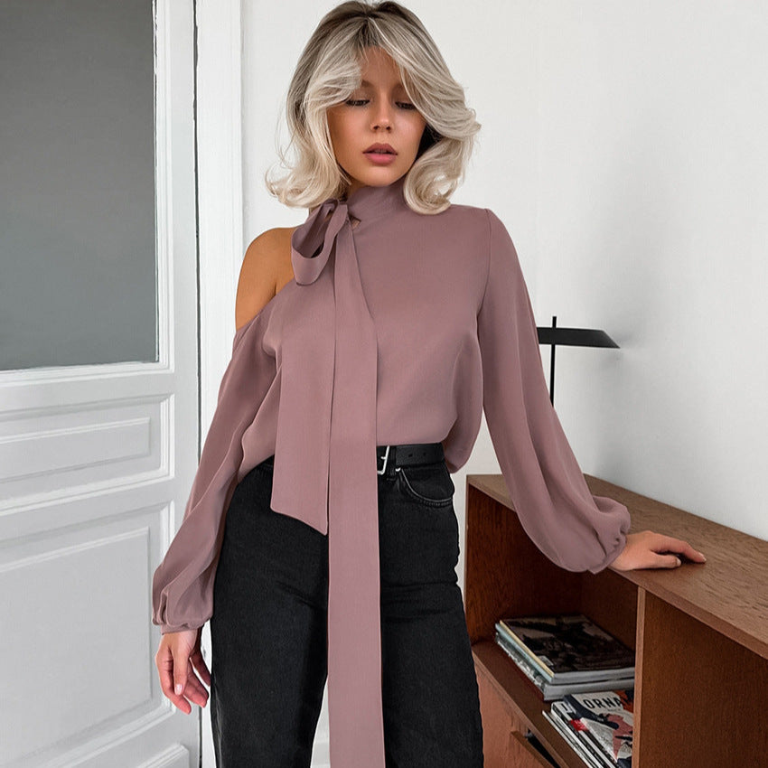 Women's Satin Asymmetrical Neckline Sexy Off-Shoulder Long Sleeve Shirt ...