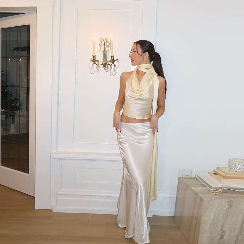 Satin Tie-Up Halter Top and High-Waisted Bodycon Skirt Set – ACC MODE